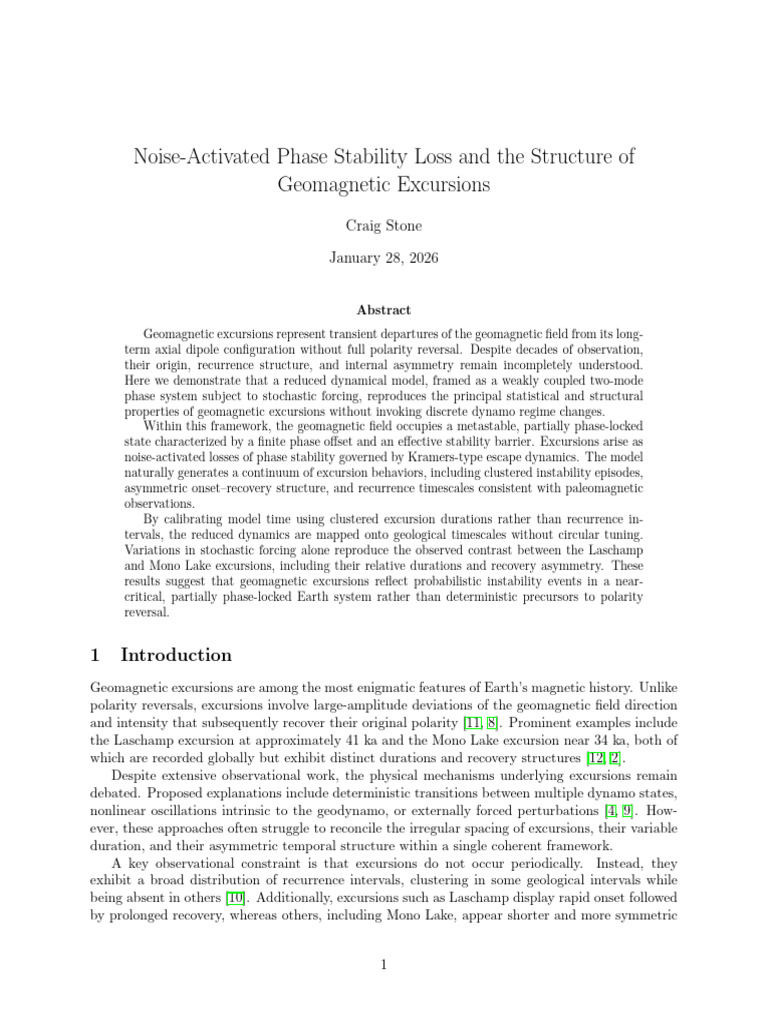 Noise-Activated Phase Stability Loss and the Structure of Geomagnetic ...