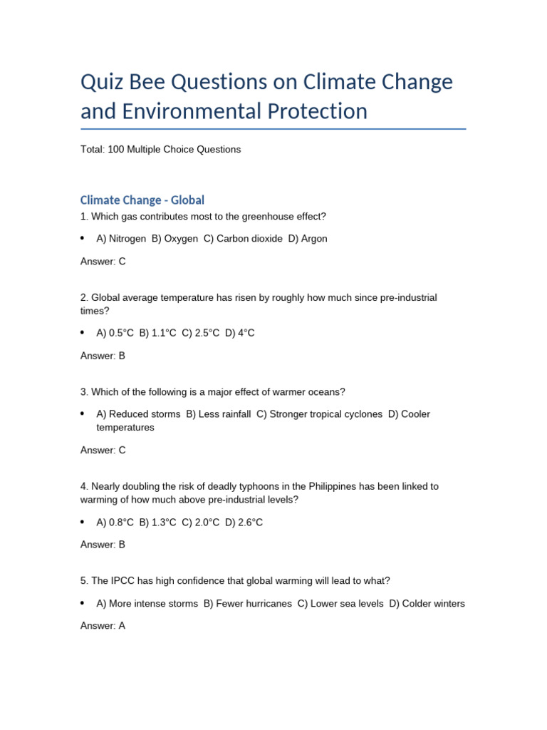 Climate Environmental Quiz Questions | PDF | Climate Change | Tropics
