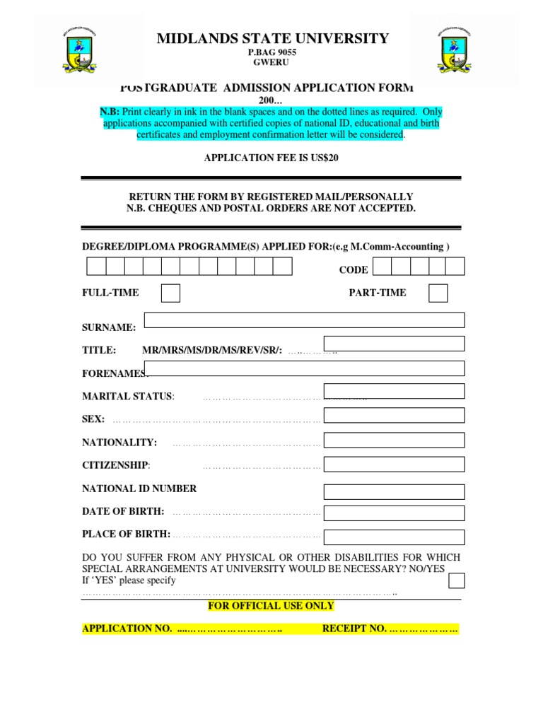 Midlands State University: Postgraduate Admission Application Form ...