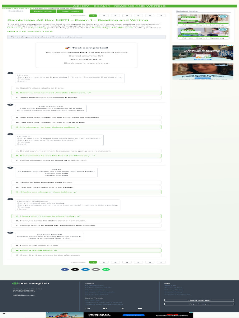 A2 Key - Exam 1 - Reading and Writing - Test-English | PDF ...