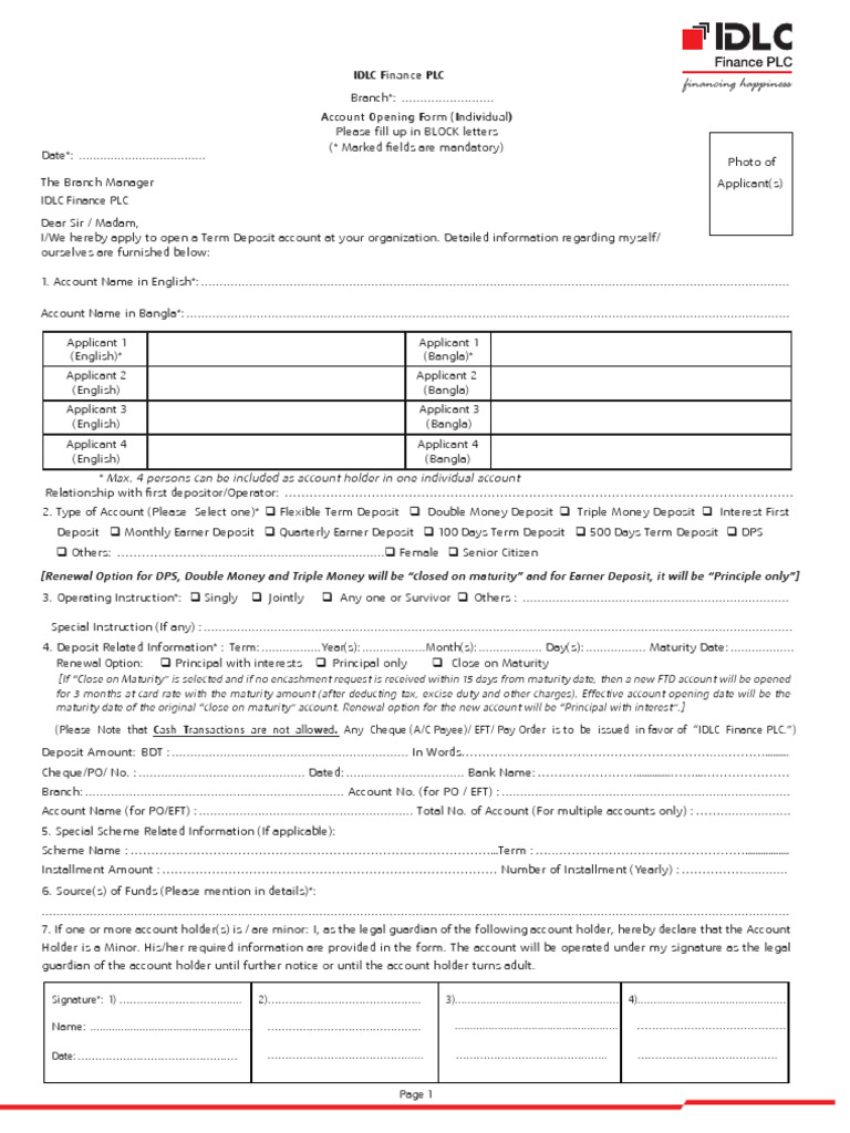 IDLC Account Opening Form (Individual) 2025 | PDF | Cheque | Payments