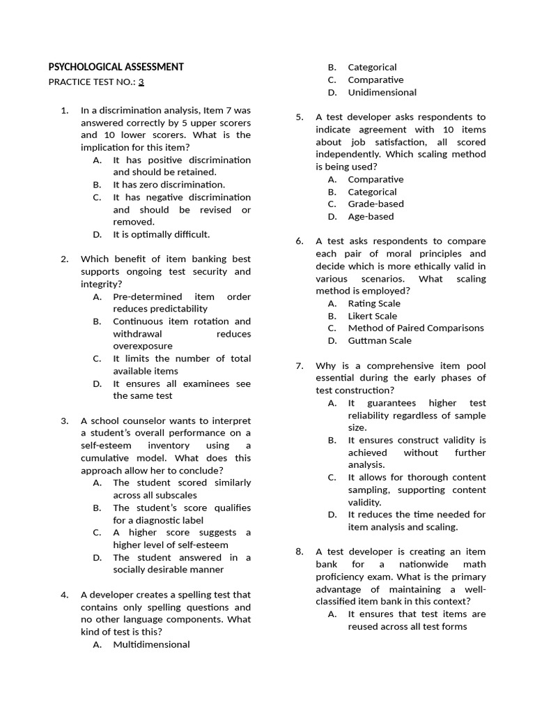 Psychological Assessment Practice Test 3 With Answer | PDF ...