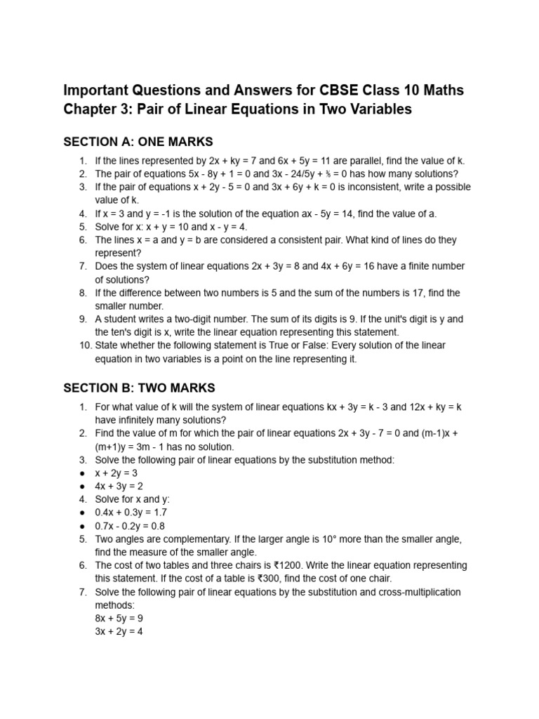 Cbse Class 10 Maths Chapter 3 Important Questions With Answers | PDF ...