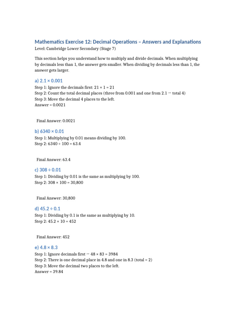 Grade7 Maths Decimal Operations Answers | PDF