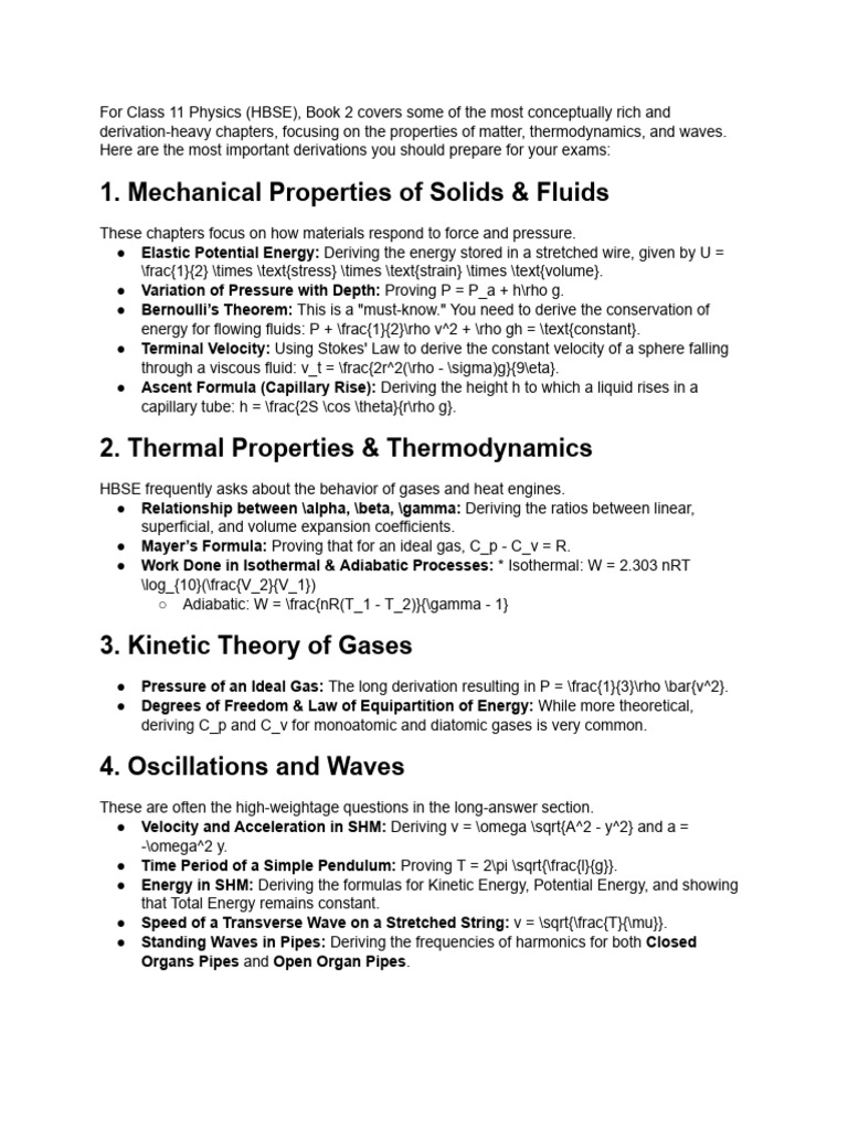 Class 11 Hbse All Imp Derivation For Book 2 | PDF | Gases | Viscosity