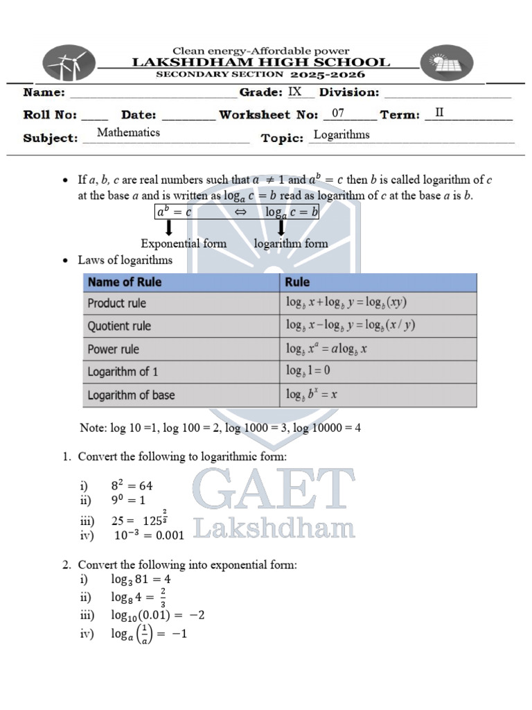 Logarithm Worksheet 2025 | PDF