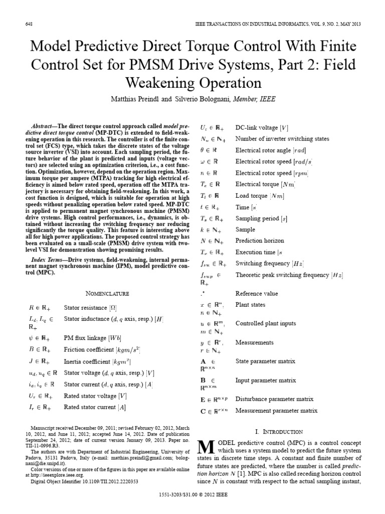 Model Predictive Direct Torque Control With Finite Control Set For PMSM ...