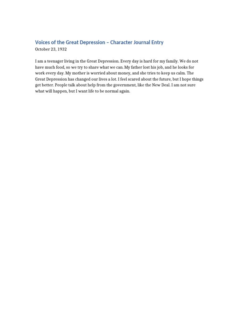 Great Depression Journal Entry | PDF