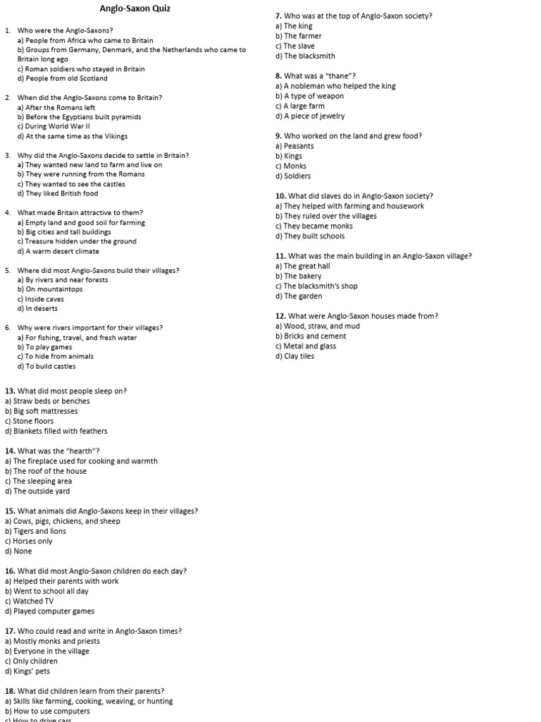 Anglo Saxon Quiz | PDF | Anglo Saxons
