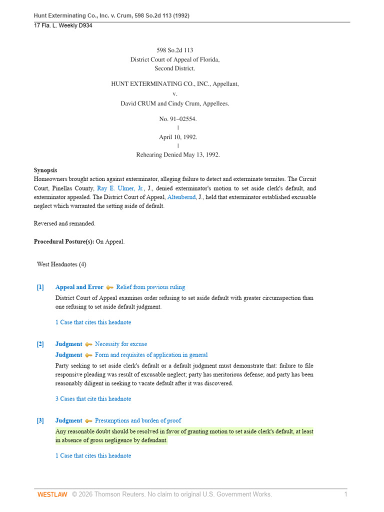 Hunt Exterminating Co Inc v Crum | PDF | Default Judgment | Lawsuit