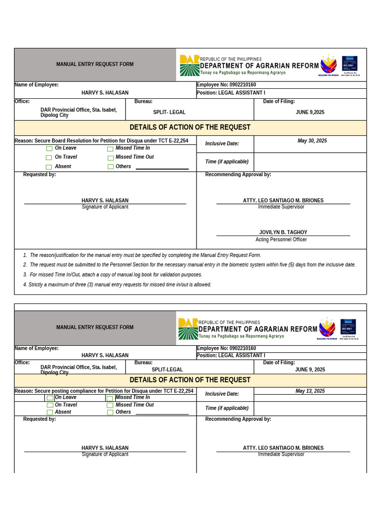 Manual Entry Request Form Absences | PDF