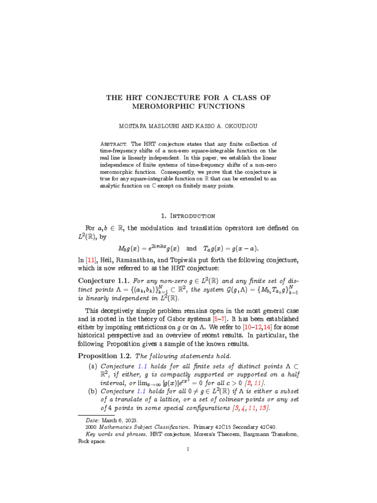 The HRT Conjecture For A Class of Meromorphic Func | PDF | Theorem ...