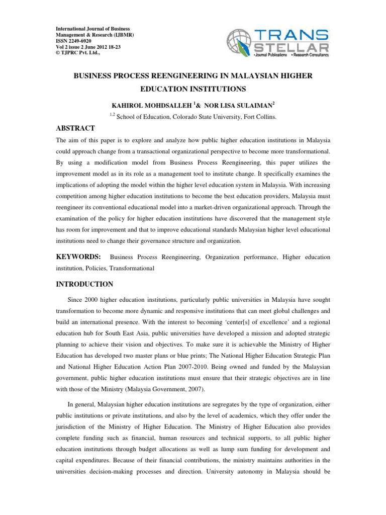 Business Process Reengineering in Malaysian Higher Education ...