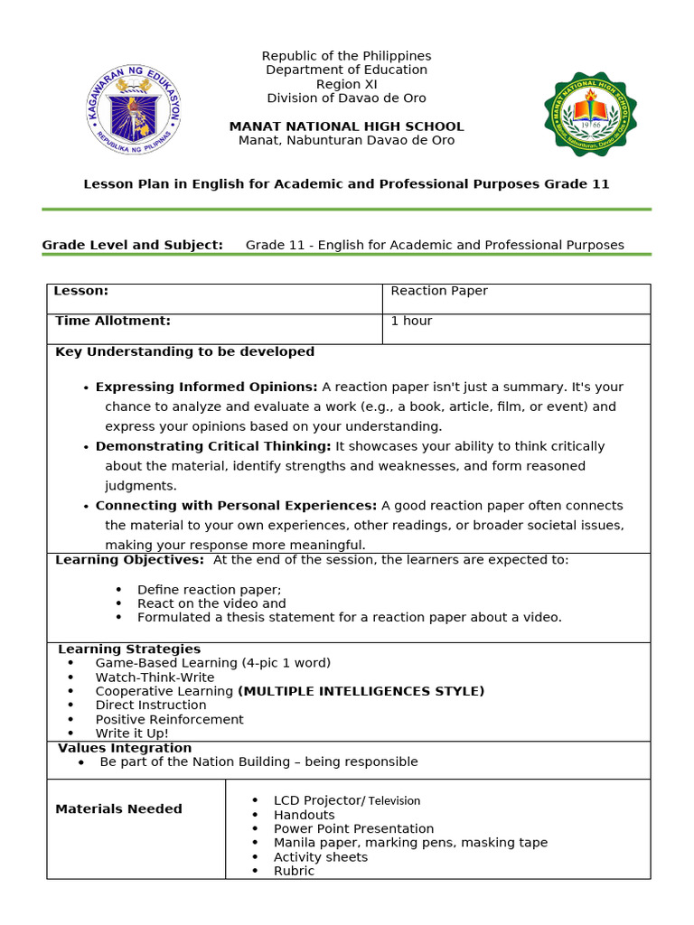 Lesson Plan-EAPP Reaction Paper | PDF | Learning | Teachers