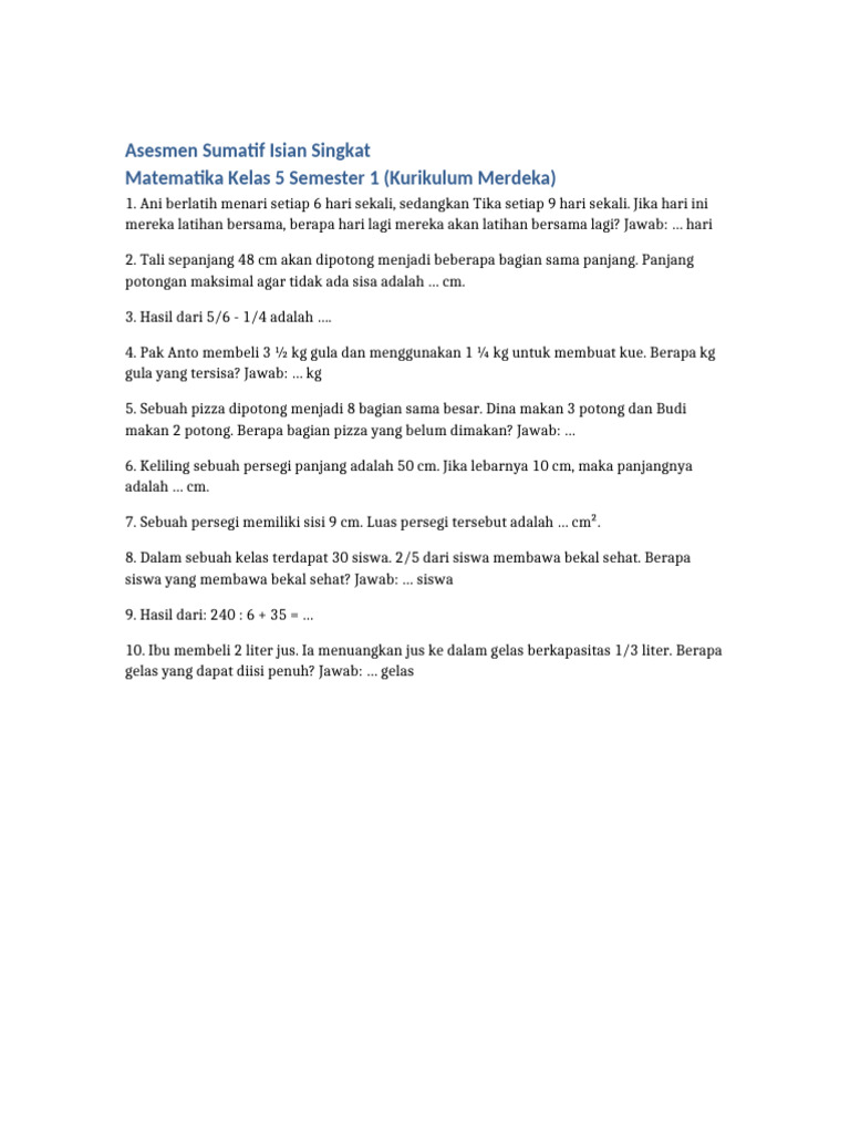 Asesmen Sumatif Matematika Kelas5 | PDF