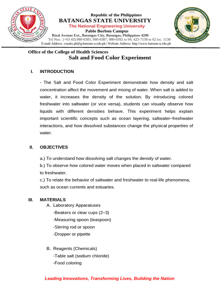Salt and Food Color Experiment | PDF | Water | Seawater