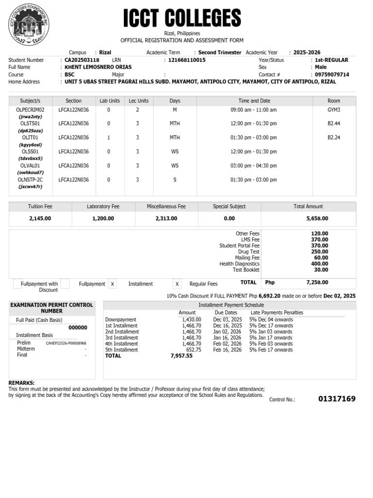 Official Registration and Assessment Form | PDF | Payments | Money