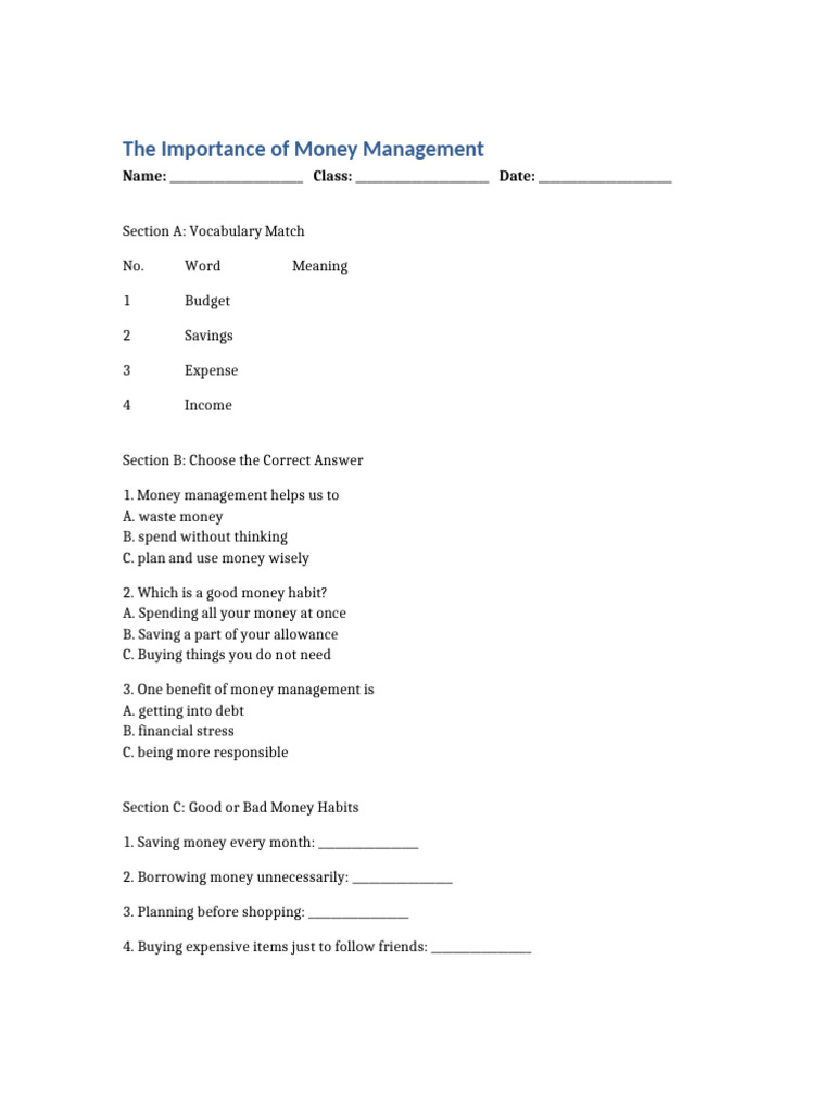 Money Management Worksheet | PDF