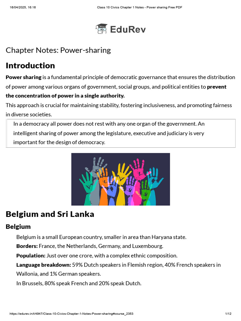 Class 10 Civics Chapter 1 Notes - Power Sharing Free PDF | PDF ...