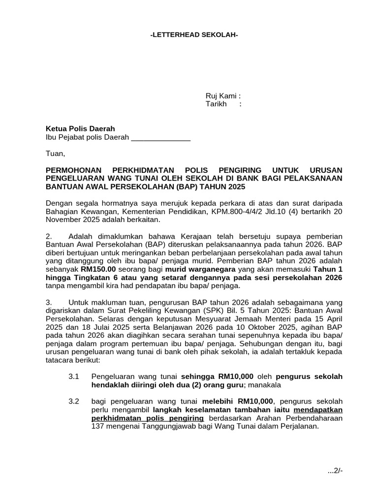 Draft Surat Permohonan Perkhidmatan Polis Pengiring 2026 | PDF