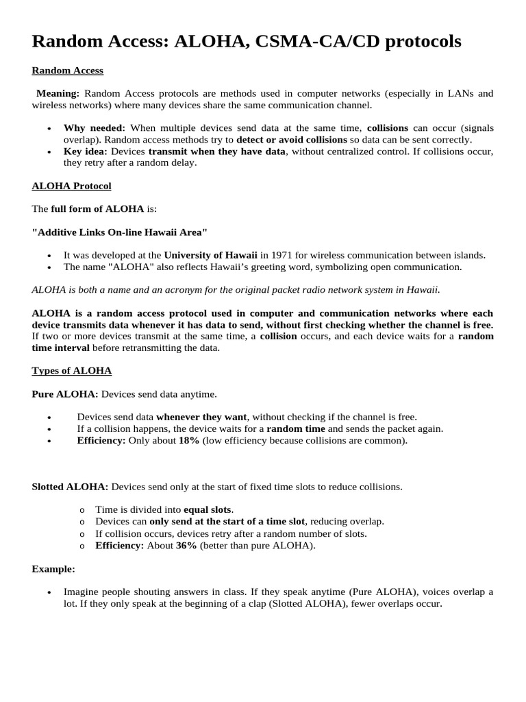 Random Access - ALOHA, CSMA-CACD Protocols | PDF | Networks | Computer ...