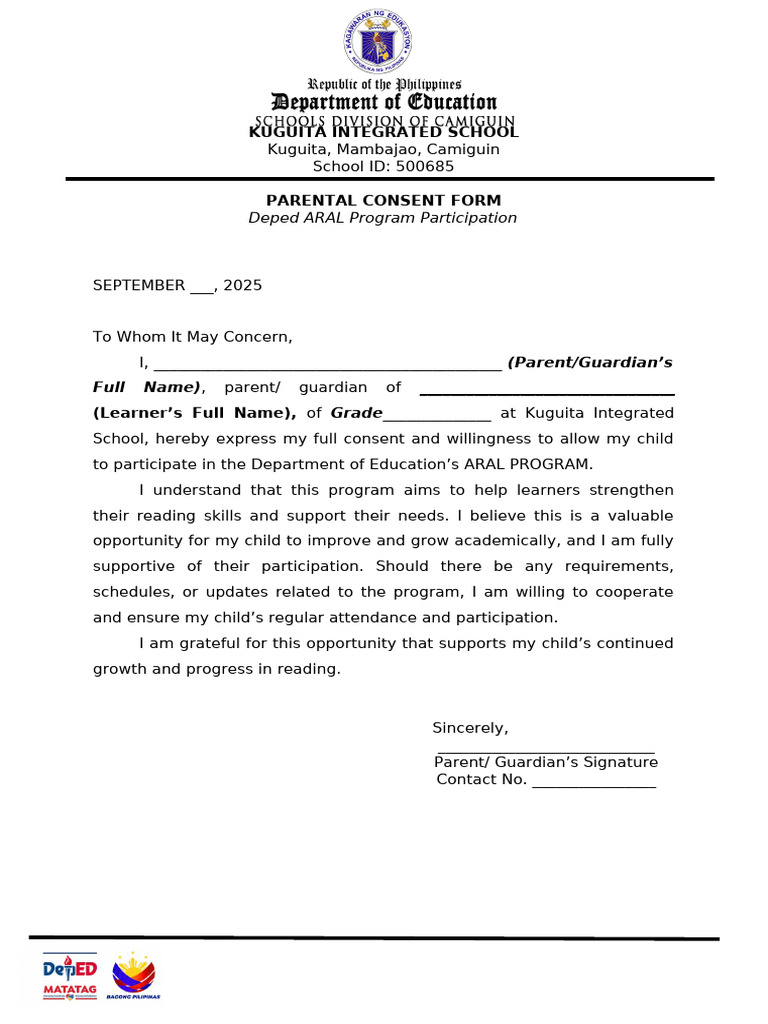 Aral Reading Parent Consent | PDF