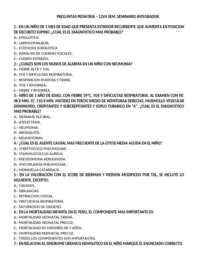 Preguntas Pediatria 14va. Sem. Si. DR Neira | PDF | Meningitis ...