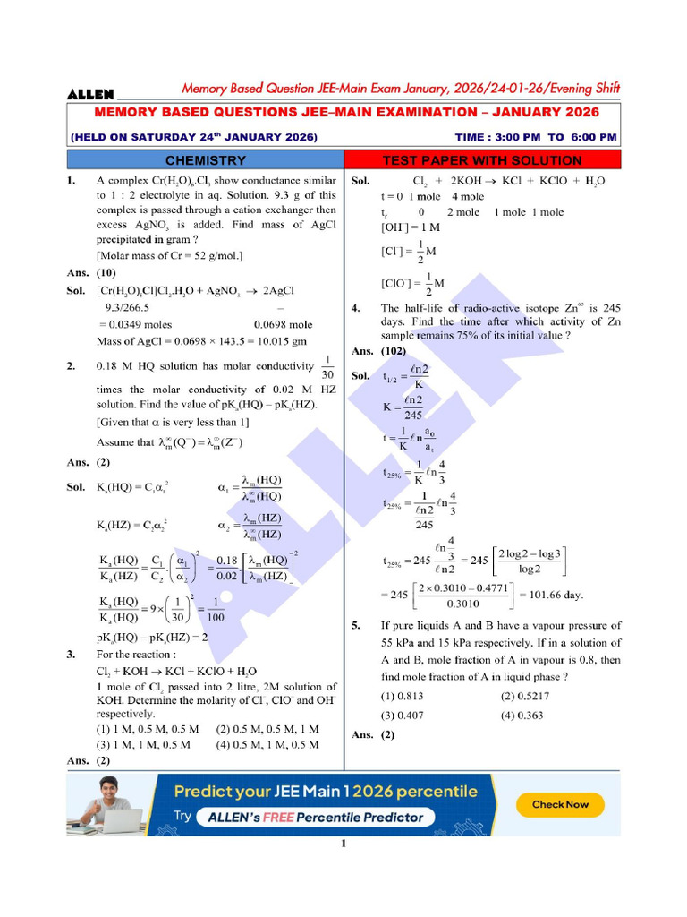 24-01-26 Shift -2 Chemistry | PDF