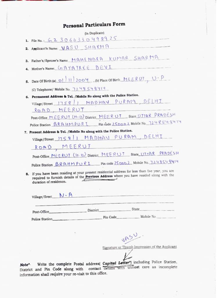 Personal Particulars Form Vasu Sharma.pdf | PDF