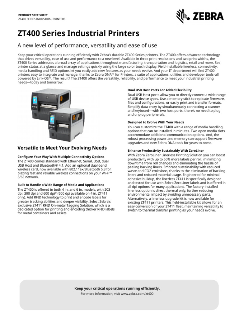 Zt400 Series Spec Sheet en Us | PDF | Printer (Computing) | Radio ...