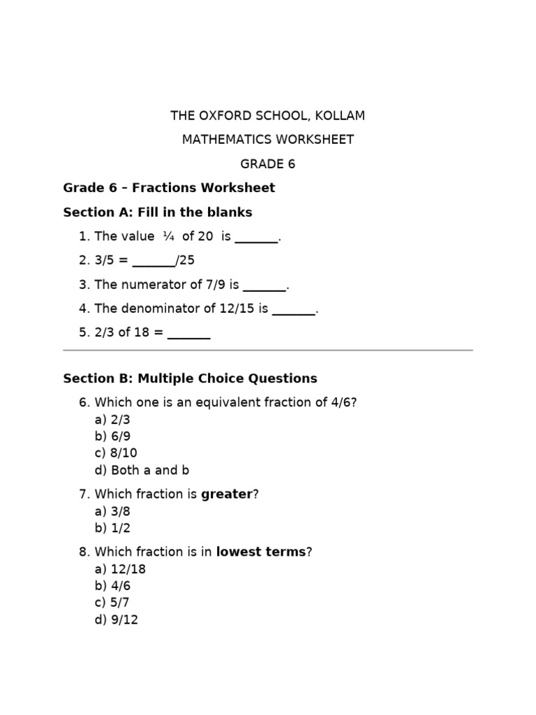 Maths Worksheet Grade 6 Fraction | PDF