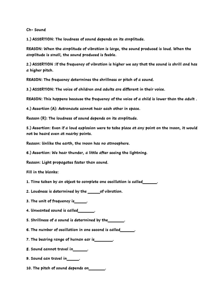 CH - Sound Worksheet Class 8 | PDF | Sound | Frequency
