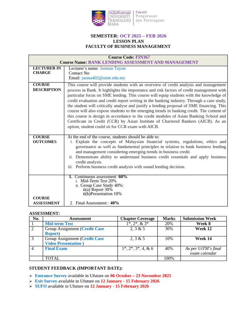 Lesson Plan Fin367_oct 2025 _ Feb 2026 | PDF | Loans | Banks