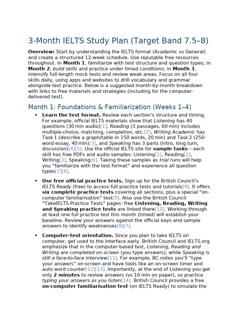 3-Month IELTS Study Plan (Target Band 7.5–8) | PDF | International ...