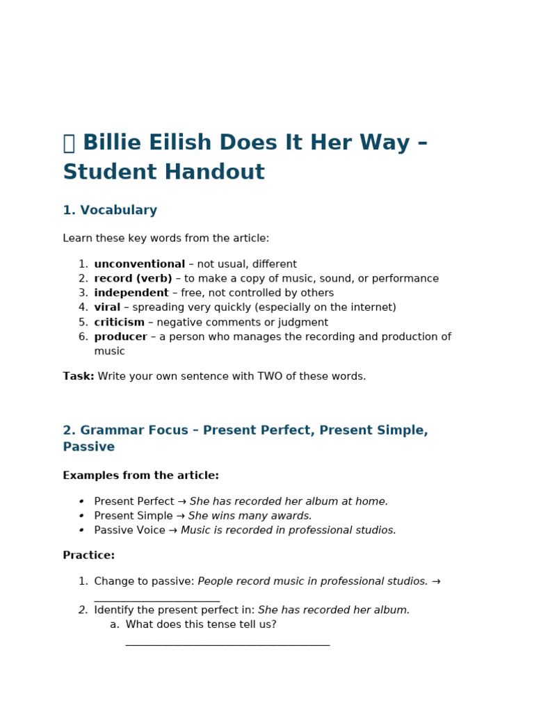 Billie Eilish Does It Her Way - Student Handout | PDF | Vocabulary | Verb