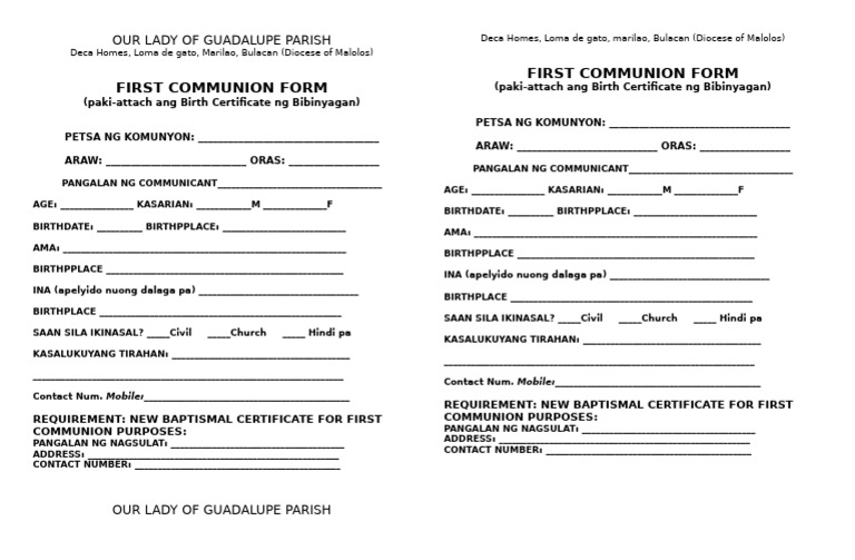 Our Lady of Guadalupe Parish Communion Form | PDF