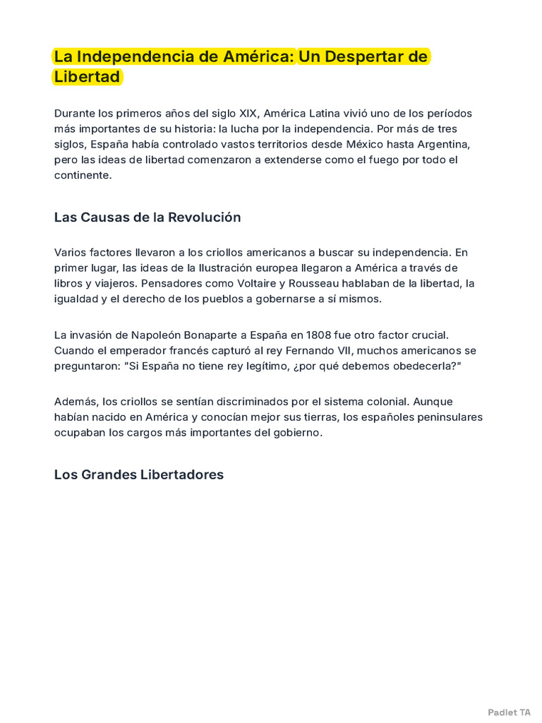 Ta Reading Passage La Independencia de América - Un Despertar de ...