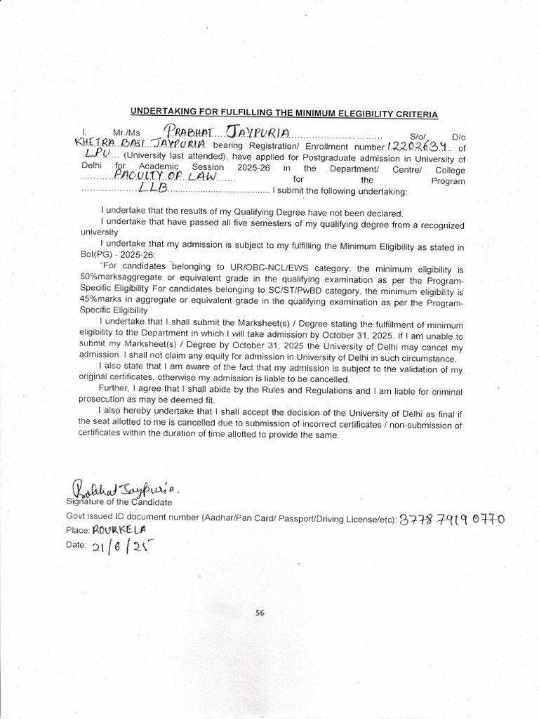 Undertaking Min Eligibility | PDF
