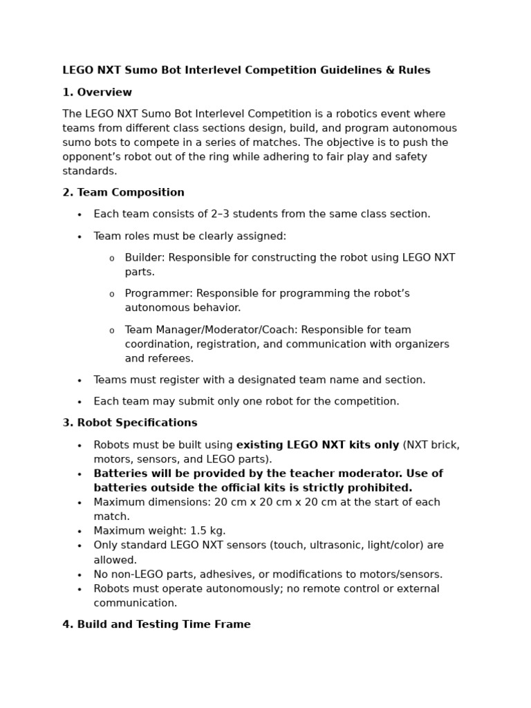 LEGO NXT Sumo Bot Interlevel Competition Guidelines_Draft | PDF | Robot ...