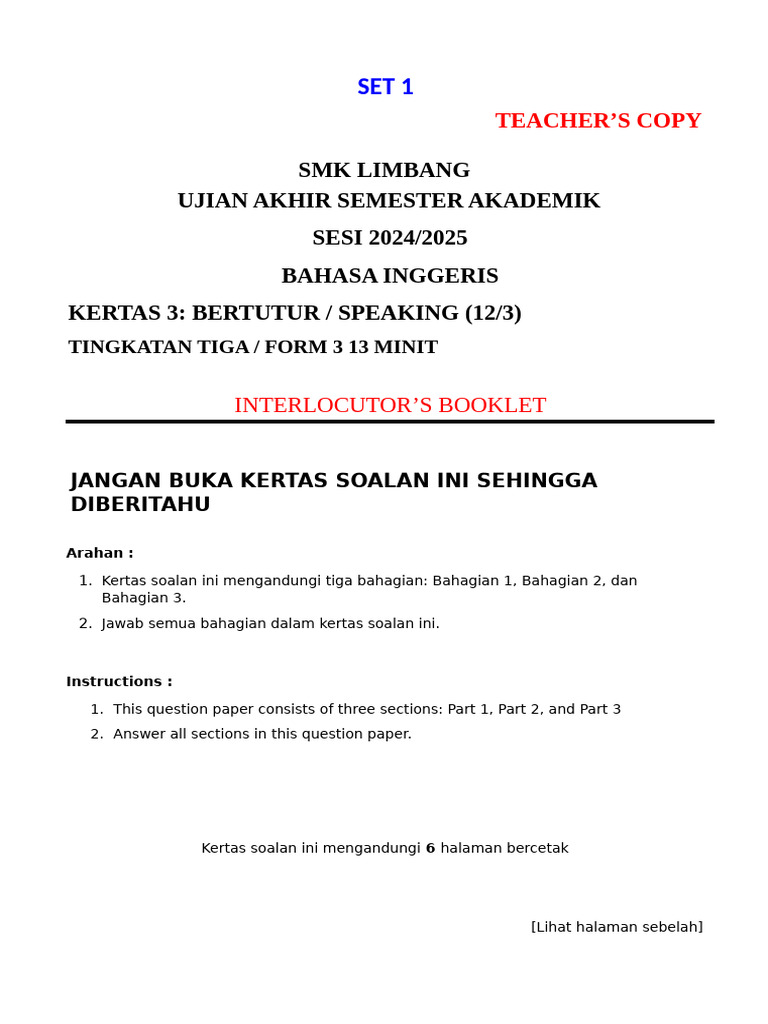 Uasa Form 3 Speaking Set 1 | PDF