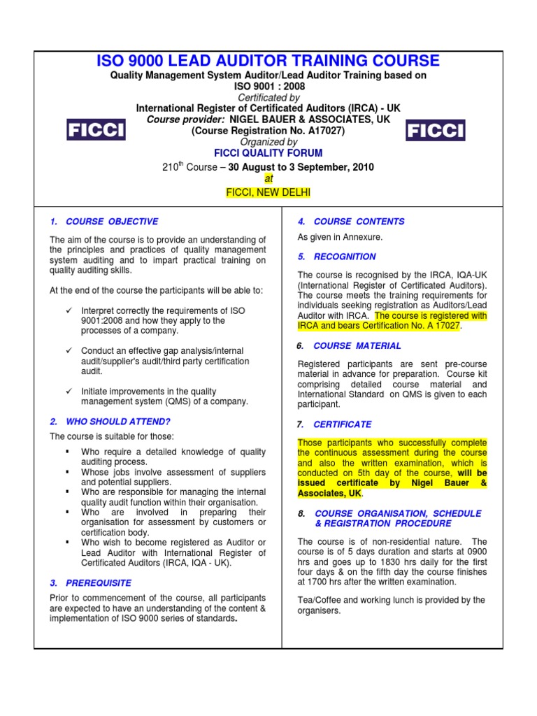 Brochure - Ficci.iso Lead Auditor | PDF | Iso 9000 | Audit
