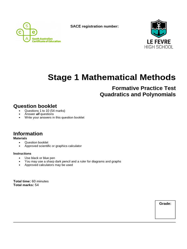 2A Quadratics Polynomials Practice Test | PDF | Polynomial | Quadratic ...