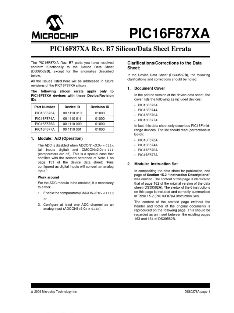 PIC16F87XA Rev. B7 Silicon/Data Sheet Errata | PDF | Pic ...