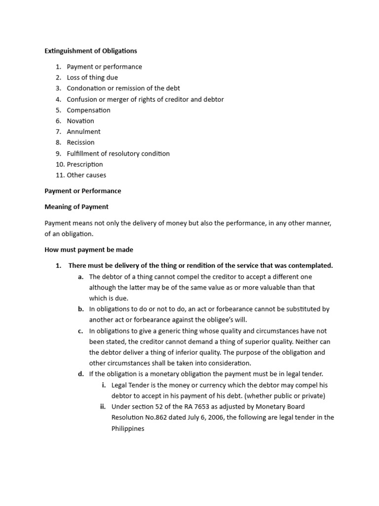 Oblicon Handout Extinguishment of Obligations Payment | PDF | Legal ...