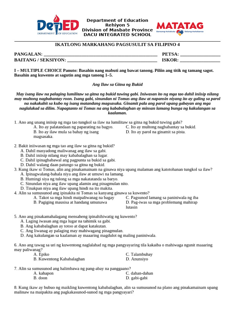 DTC - PT - q3 Filipino 4 Matatag With Tos Key - Formatted | PDF