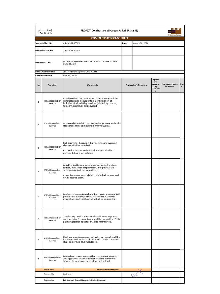 Comments Sheet - Method Statement for Demolition and Site Clearance | PDF