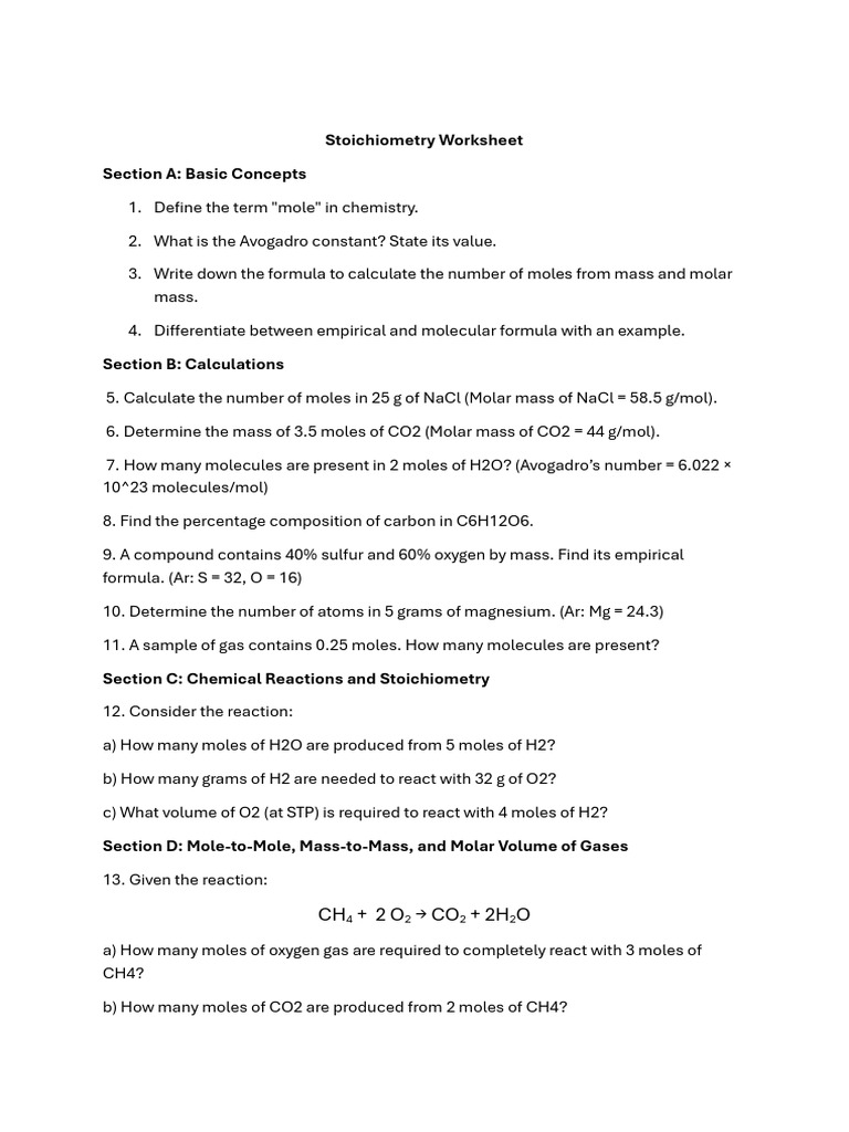 Stoichiometry Worksheet | PDF