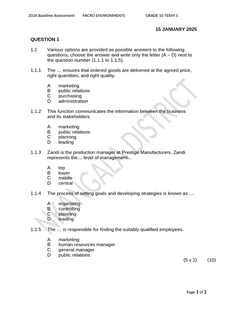 2026 Baseline Assessment For Micro Environment Grade 10 ENG | PDF ...