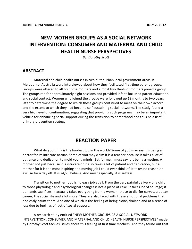 New Mother Groups As A Social Network Intervention: Consumer and ...