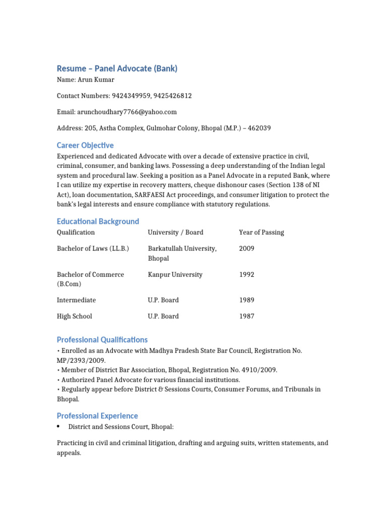 Arun Kumar Resume Panel Advocate Bank | PDF | Advocate | Lawsuit